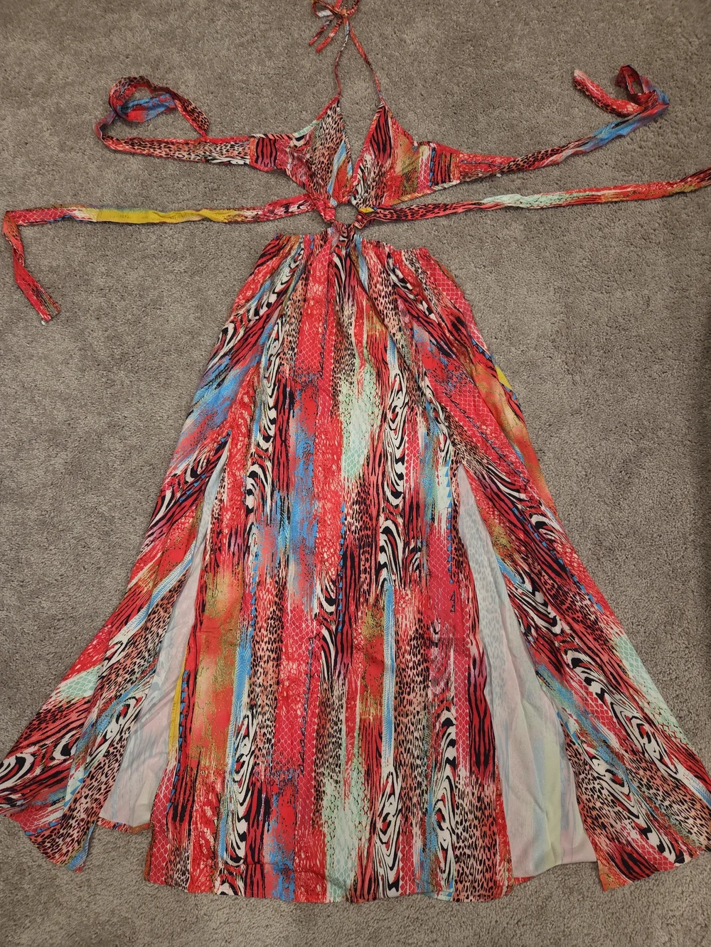 No Label | Dresses | Red Multiprint Halter Cutout Maxi Dress With Ring ...